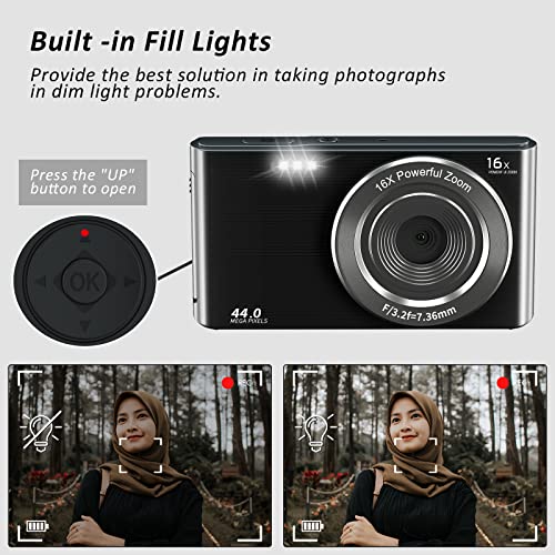 Digital Camera 4K 44MP Compact Point and Shoot Camera with 16X Digital Zoom 32GB SD Card,Kids Camera 2.4 Inch, Vlogging Camera for Teens Students Boys Girls Seniors(Black2)