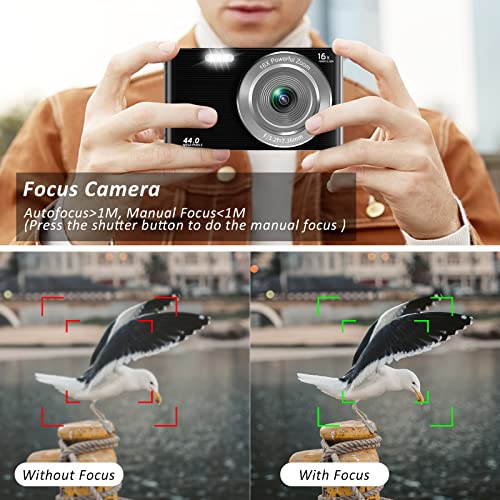 Digital Camera 4K 44MP Compact Point and Shoot Camera with 16X Digital Zoom 32GB SD Card,Kids Camera 2.4 Inch, Vlogging Camera for Teens Students Boys Girls Seniors(Black2)