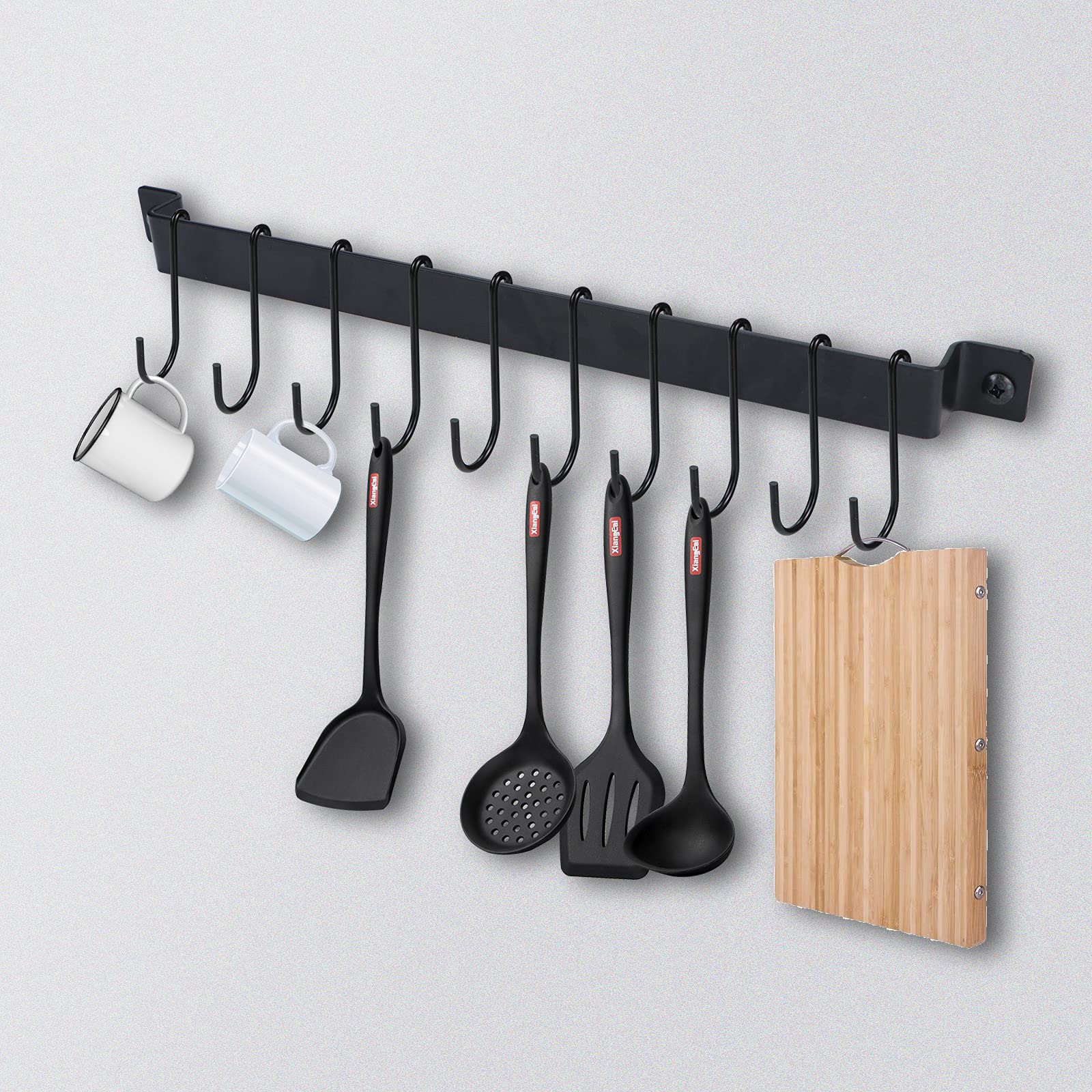 Utensil Holder, Kitchen Rail with 10 Hooks, Kitchen Pots Pans Organizer Hanger, Wall Mounted Wrought Iron Hanging Utensil Holder Rack with Black 17 Inch for Coffee Mug Rack Cup Hanging Kitchen Blackā¦