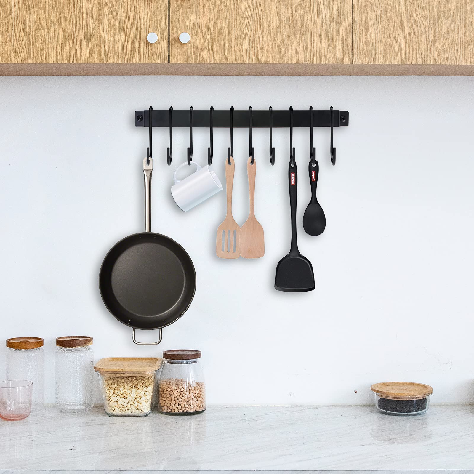 Utensil Holder, Kitchen Rail with 10 Hooks, Kitchen Pots Pans Organizer Hanger, Wall Mounted Wrought Iron Hanging Utensil Holder Rack with Black 17 Inch for Coffee Mug Rack Cup Hanging Kitchen Blackā¦