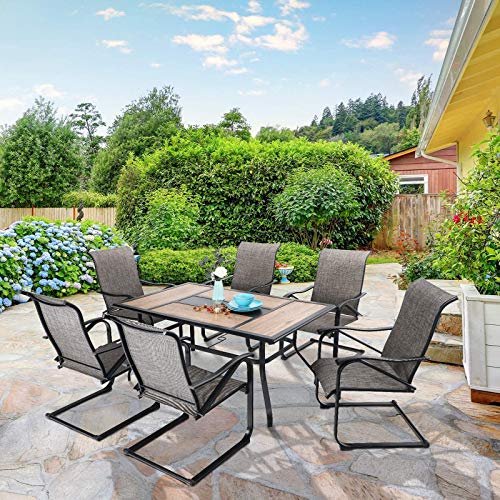 MFSTUDIO 7PCS Patio Dining Set, Large Rectangular Wood Like Top Table with 6 C-Spring Motion Chairs, Outdoor Metal Furniture Set with Umbrella Hole for Garden, Backyard,Brown