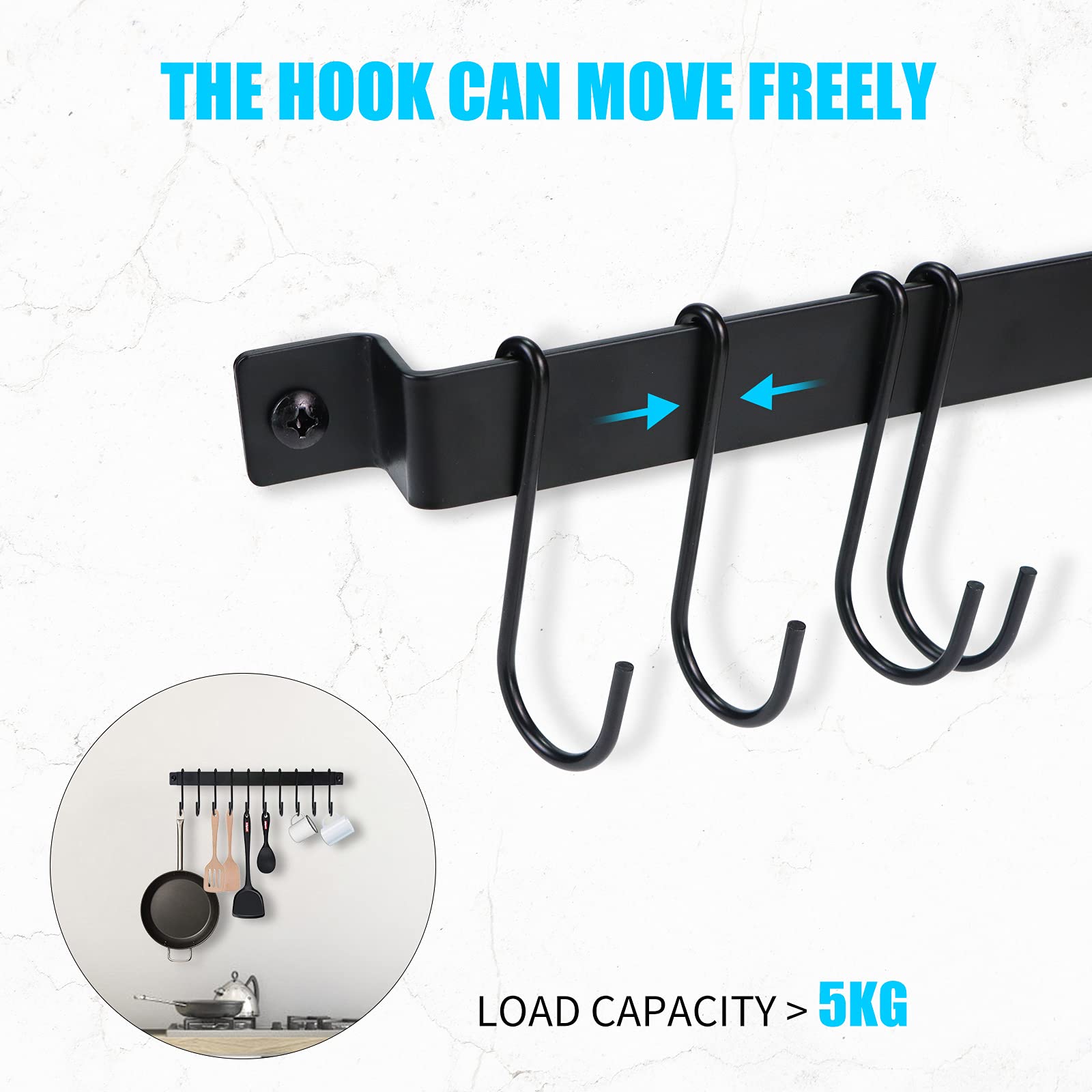 Utensil Holder, Kitchen Rail with 10 Hooks, Kitchen Pots Pans Organizer Hanger, Wall Mounted Wrought Iron Hanging Utensil Holder Rack with Black 17 Inch for Coffee Mug Rack Cup Hanging Kitchen Blackā¦
