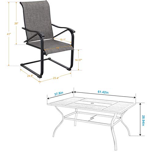 MFSTUDIO 7PCS Patio Dining Set, Large Rectangular Wood Like Top Table with 6 C-Spring Motion Chairs, Outdoor Metal Furniture Set with Umbrella Hole for Garden, Backyard,Brown
