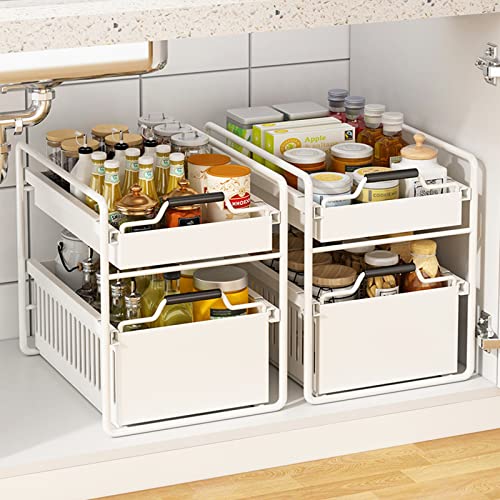 WEKIVA Under Sink Organizers,Kitchen Cabinet Organization,2 Tier Sliding Basket Organizer Pantry Storage Shelf Pull Out Under Sink Cabinets Organizer for Kitchen