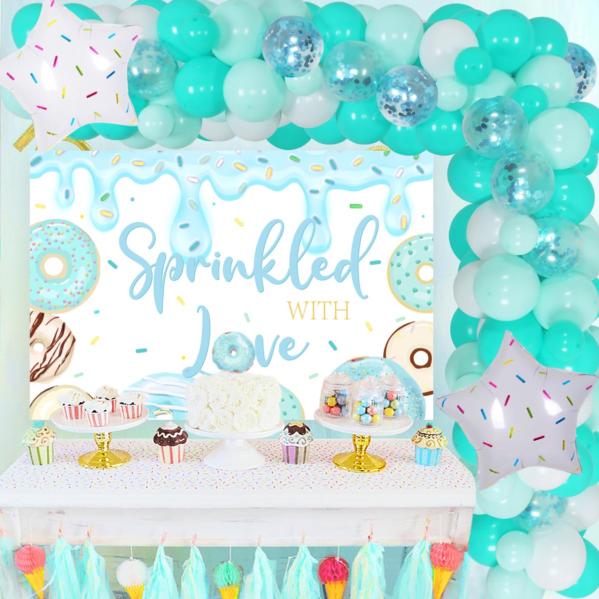 Donut Sprinkle Baby Shower Decorations, Sprinkled with Love Decorations, Blue Baby Sprinkle Balloon Garland Kit Backdrop for Boy Baby Shower Party Supplies