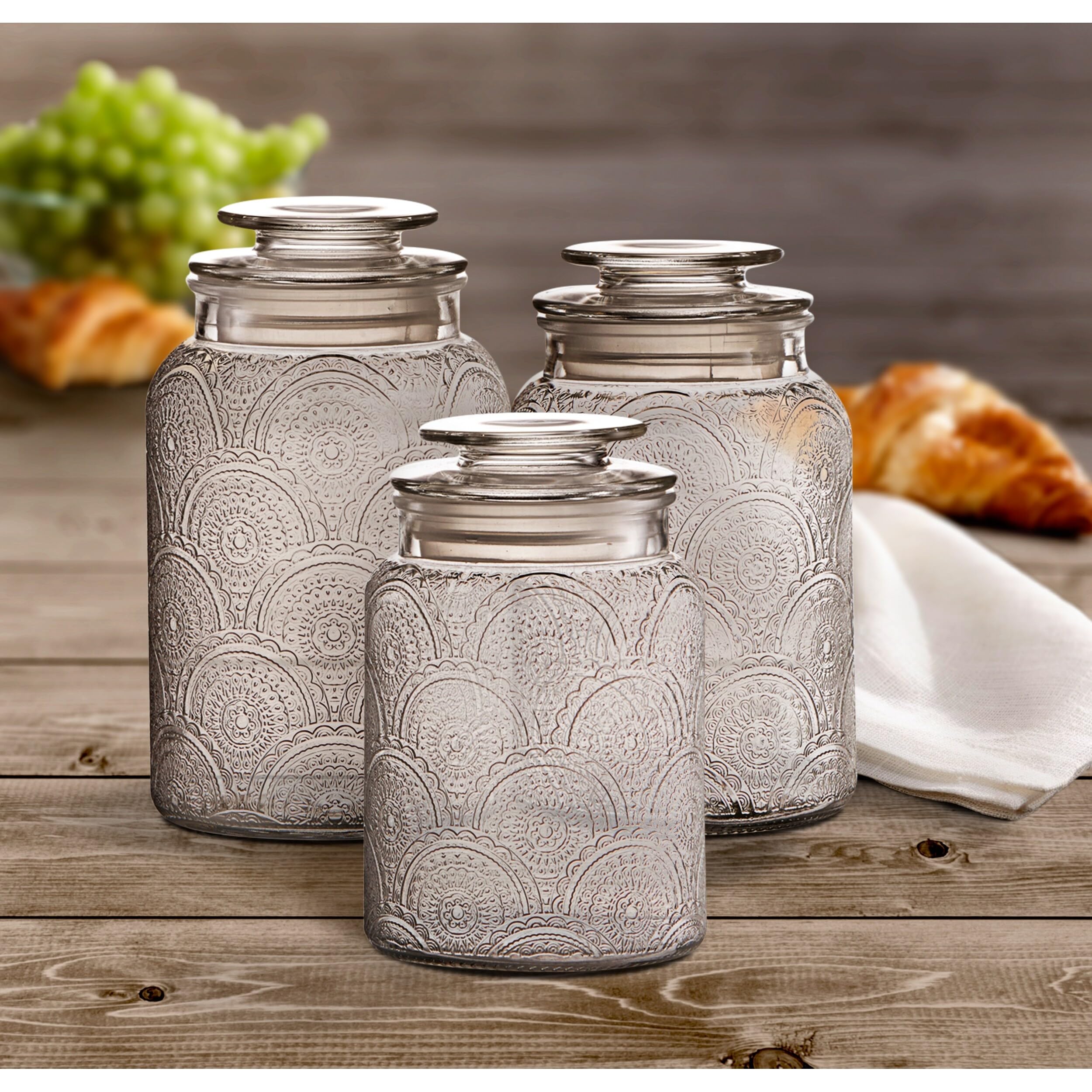 Style Setter Canister Set 3-Piece Glass Jars in 34oz, 44oz & 54oz Retro Design w/ Airtight Lids for Cookies, Candy, Coffee, Flour, Sugar, Rice, Pasta, Cereal & More