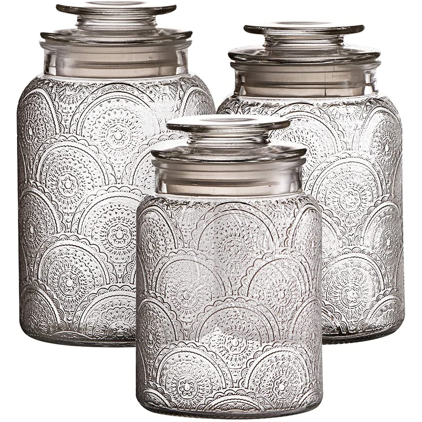 Style Setter Canister Set 3-Piece Glass Jars in 34oz, 44oz & 54oz Retro Design w/ Airtight Lids for Cookies, Candy, Coffee, Flour, Sugar, Rice, Pasta, Cereal & More