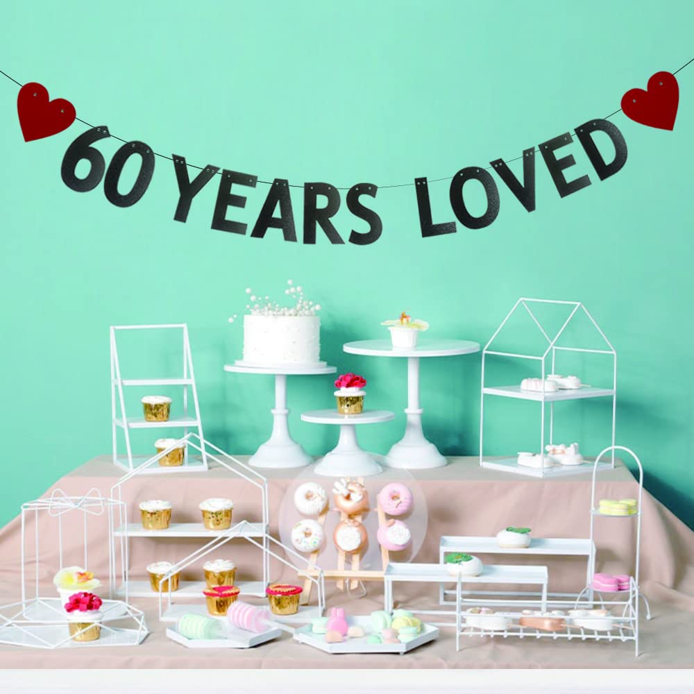 60 YEARS LOVED Banner,Pre-strung,60th Birthday/Wedding Anniversary Party Decorations Supplies,Black Glitter Paper Garlands Backdrops, Letters Black Betteryanzi