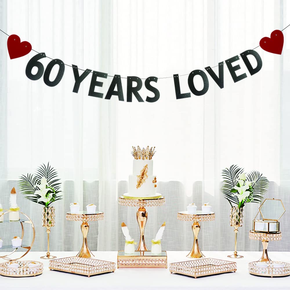 60 YEARS LOVED Banner,Pre-strung,60th Birthday/Wedding Anniversary Party Decorations Supplies,Black Glitter Paper Garlands Backdrops, Letters Black Betteryanzi