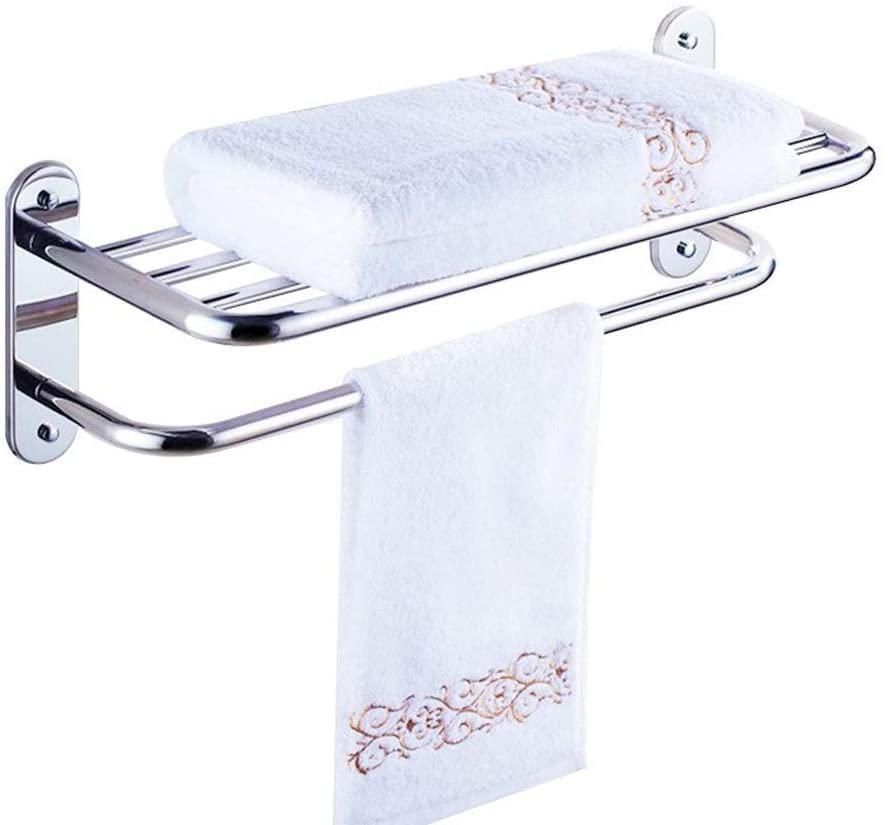 Towel Rack Bathroom Shelves, 2 Tier Punch Free Towel Shelf Wall Mounted Multifunction Towel Holder Stainless Steel Rack Towel Bars Towel Holder Bathroom Hardware/Silver