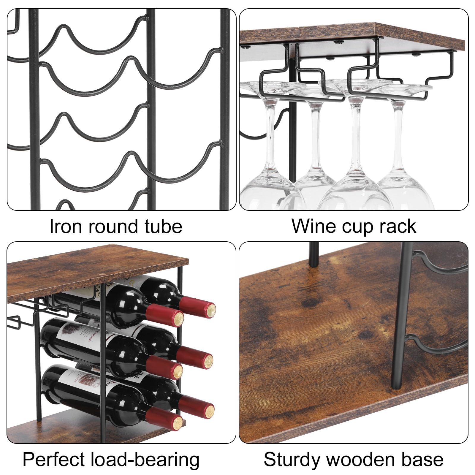 YBING Wine Rack Countertop Wine Holder Stand for 6 Wine Bottles and 4 Glasses Tabletop Small Wine Holder Wooden Wine Bottle Organizer for Kitchen, Bar, Wine Cellar, Cabinet (Brown)