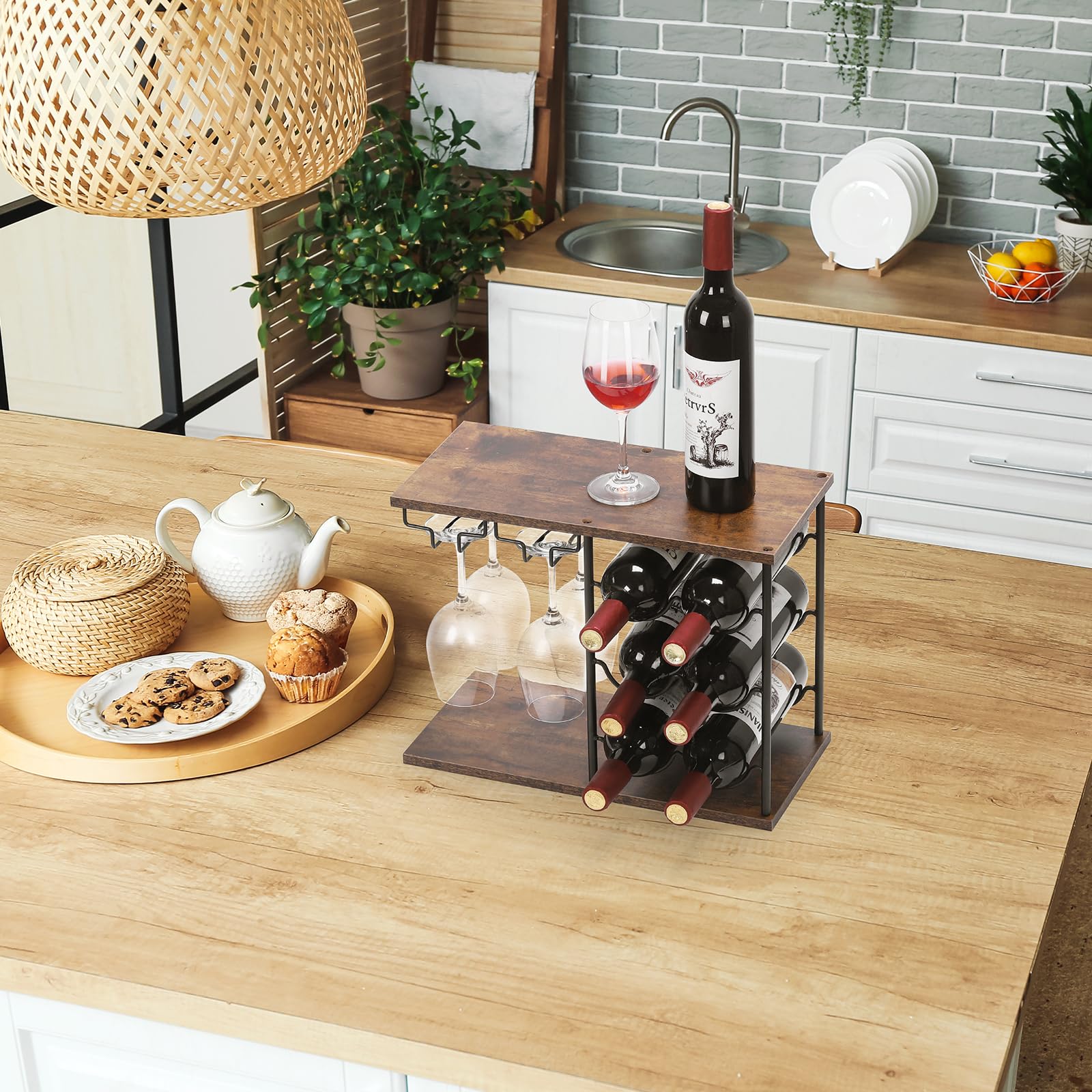 YBING Wine Rack Countertop Wine Holder Stand for 6 Wine Bottles and 4 Glasses Tabletop Small Wine Holder Wooden Wine Bottle Organizer for Kitchen, Bar, Wine Cellar, Cabinet (Brown)