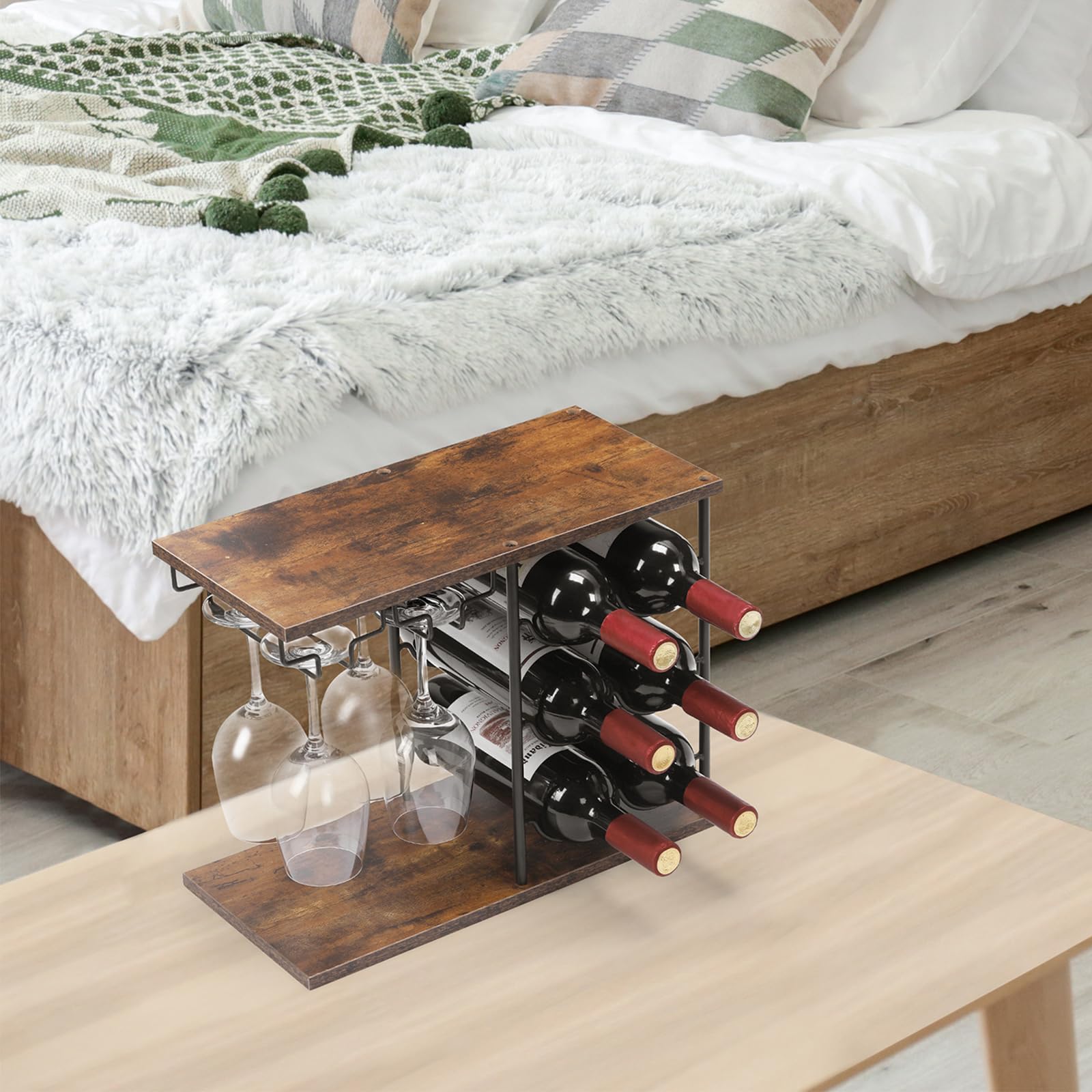 YBING Wine Rack Countertop Wine Holder Stand for 6 Wine Bottles and 4 Glasses Tabletop Small Wine Holder Wooden Wine Bottle Organizer for Kitchen, Bar, Wine Cellar, Cabinet (Brown)