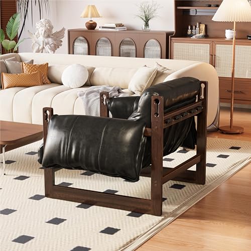PQXM Oil Wax Leather Accent Chair, 33.5" W Solid Wood Upholstered Accent Chair for Living Room, Bedroom, Lounge, Balcony (Dark Olive)
