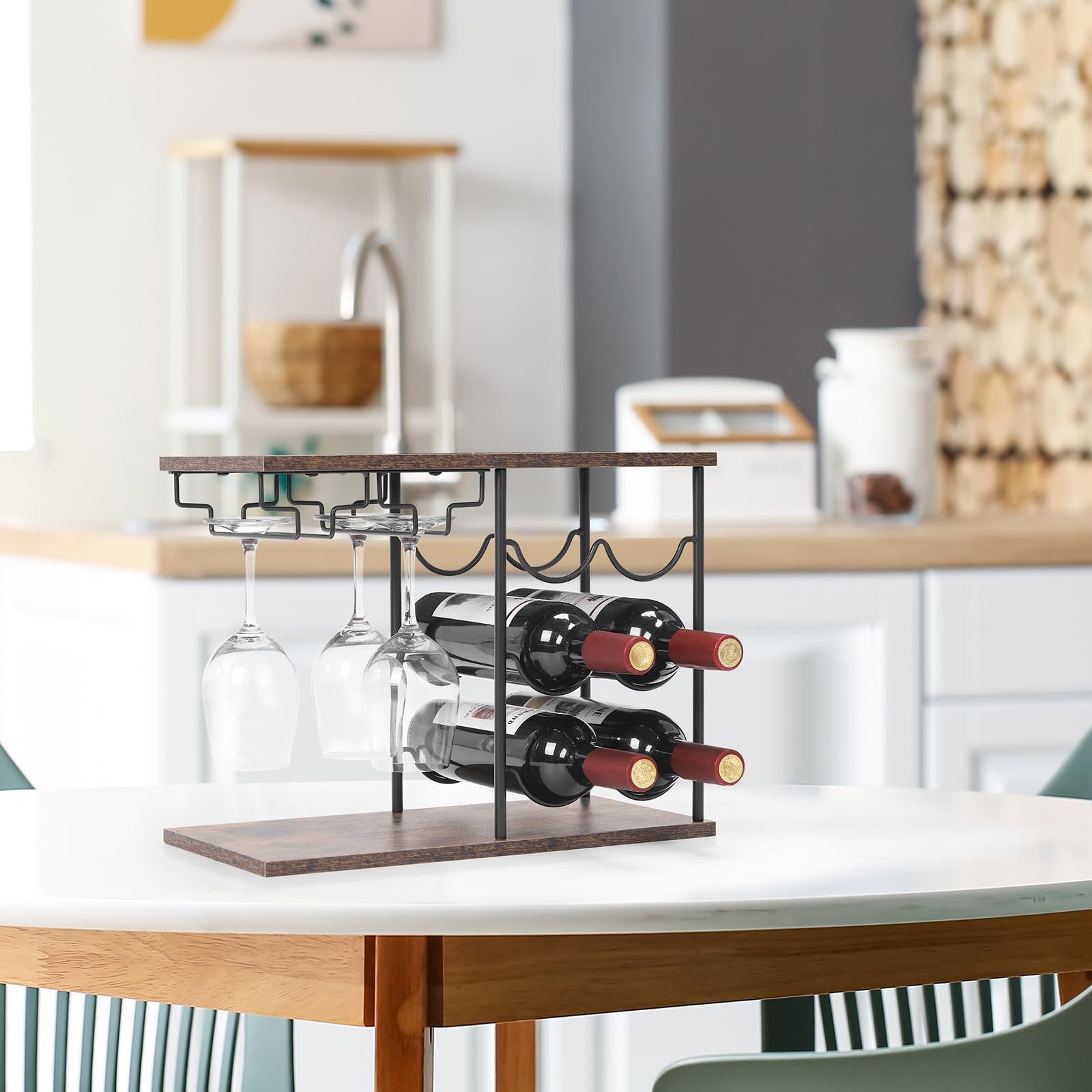 YBING Wine Rack Countertop Wine Holder Stand for 6 Wine Bottles and 4 Glasses Tabletop Small Wine Holder Wooden Wine Bottle Organizer for Kitchen, Bar, Wine Cellar, Cabinet (Brown)