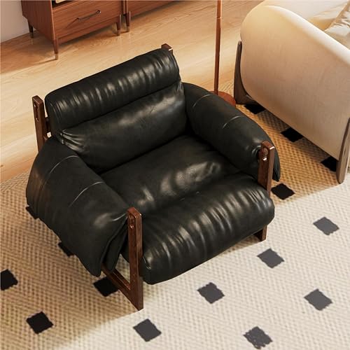 PQXM Oil Wax Leather Accent Chair, 33.5" W Solid Wood Upholstered Accent Chair for Living Room, Bedroom, Lounge, Balcony (Dark Olive)