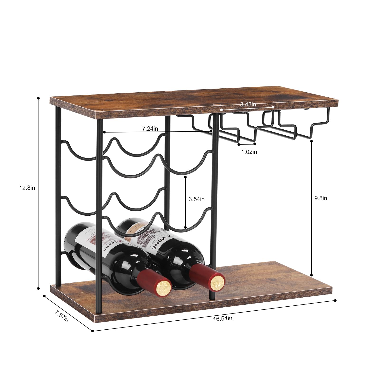 YBING Wine Rack Countertop Wine Holder Stand for 6 Wine Bottles and 4 Glasses Tabletop Small Wine Holder Wooden Wine Bottle Organizer for Kitchen, Bar, Wine Cellar, Cabinet (Brown)