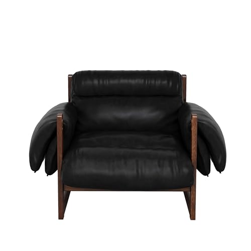 PQXM Oil Wax Leather Accent Chair, 33.5" W Solid Wood Upholstered Accent Chair for Living Room, Bedroom, Lounge, Balcony (Dark Olive)
