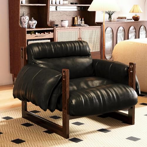 PQXM Oil Wax Leather Accent Chair, 33.5" W Solid Wood Upholstered Accent Chair for Living Room, Bedroom, Lounge, Balcony (Dark Olive)