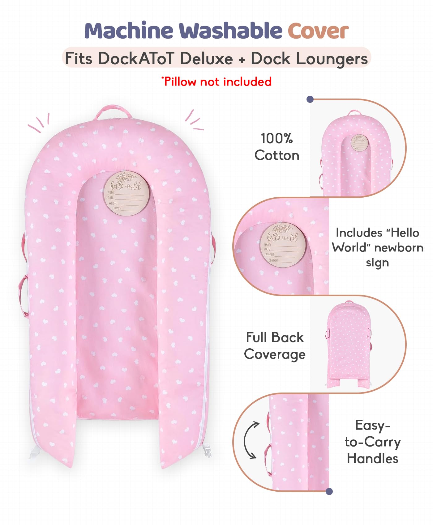 Newborn Lounger Cover for DockATot Deluxe | Cover Replacement Only for Baby Nest | 100% Cotton | Includes “Hello World” Sign (Pastel Geometry) | The Cover is not Created by Dockatot