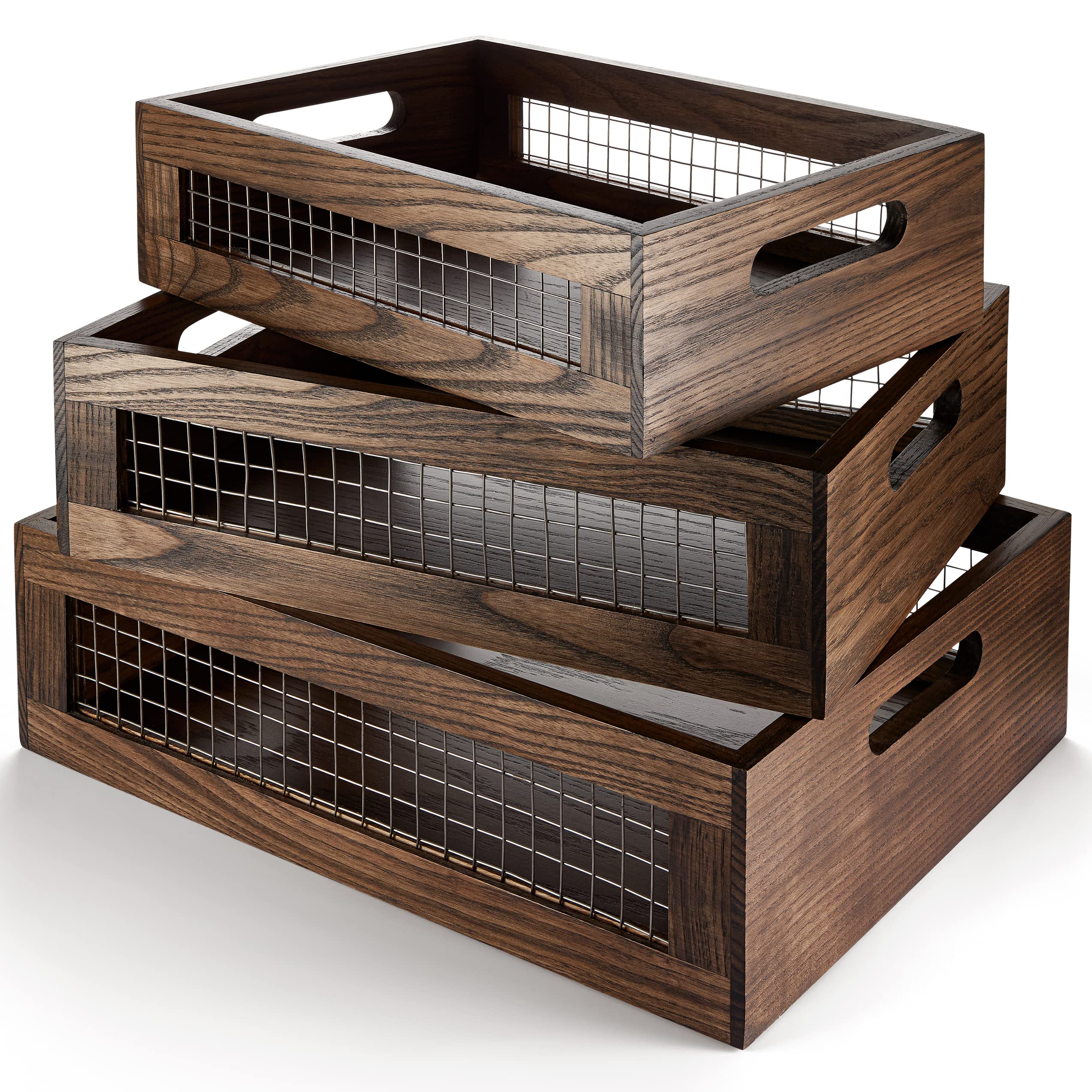 NAGAWOOD Wooden Nesting Countertop Baskets Set of 3 for Kitchen, Bathroom, Pantry|Wall Mount Upgrade with Full Accessories|Wooden storage organizer For Fruit, Vegetables, Produce, Bread|Wooden Crate with handles|Decorative Walnut Wood and Metal Wire