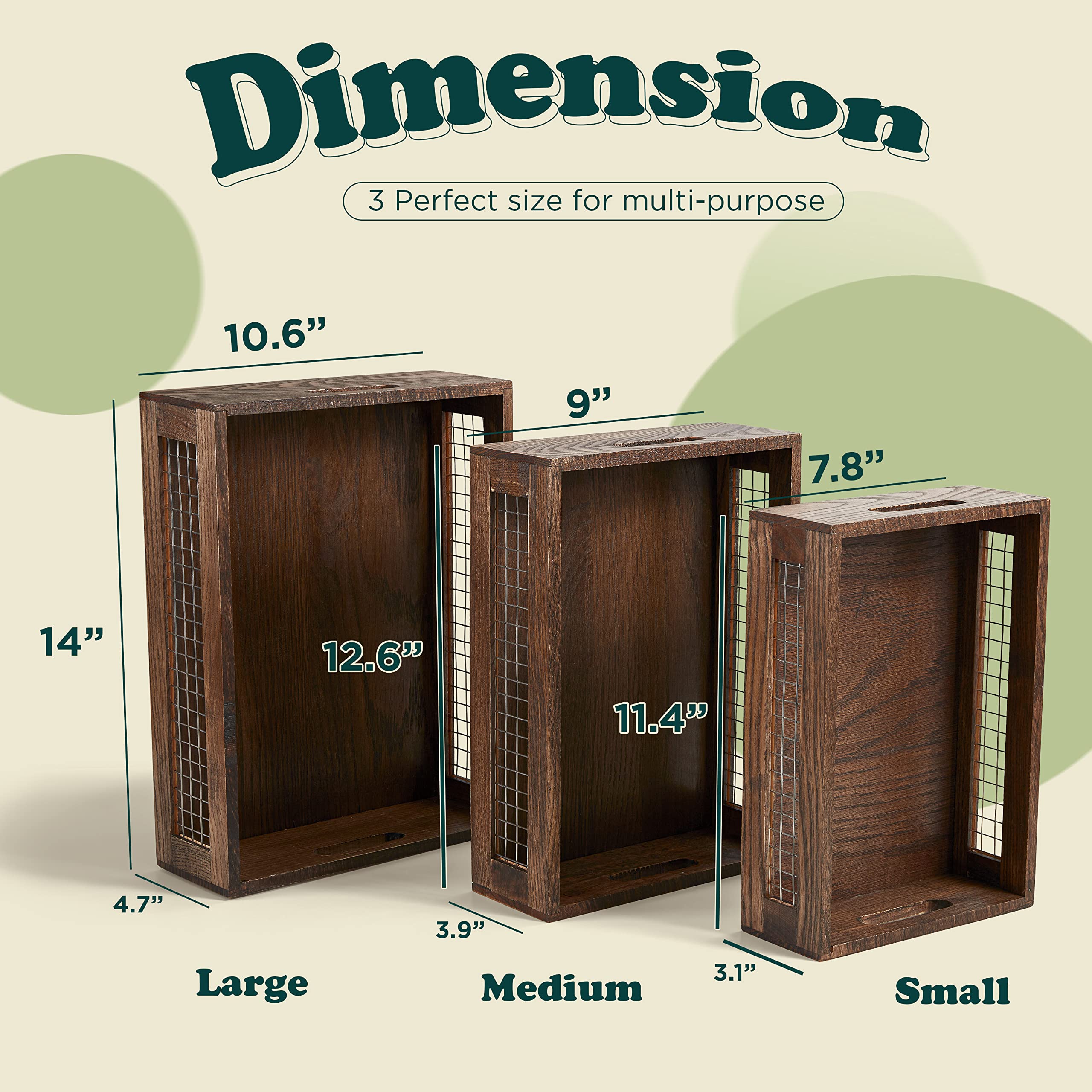 NAGAWOOD Wooden Nesting Countertop Baskets Set of 3 for Kitchen, Bathroom, Pantry|Wall Mount Upgrade with Full Accessories|Wooden storage organizer For Fruit, Vegetables, Produce, Bread|Wooden Crate with handles|Decorative Walnut Wood and Metal Wire