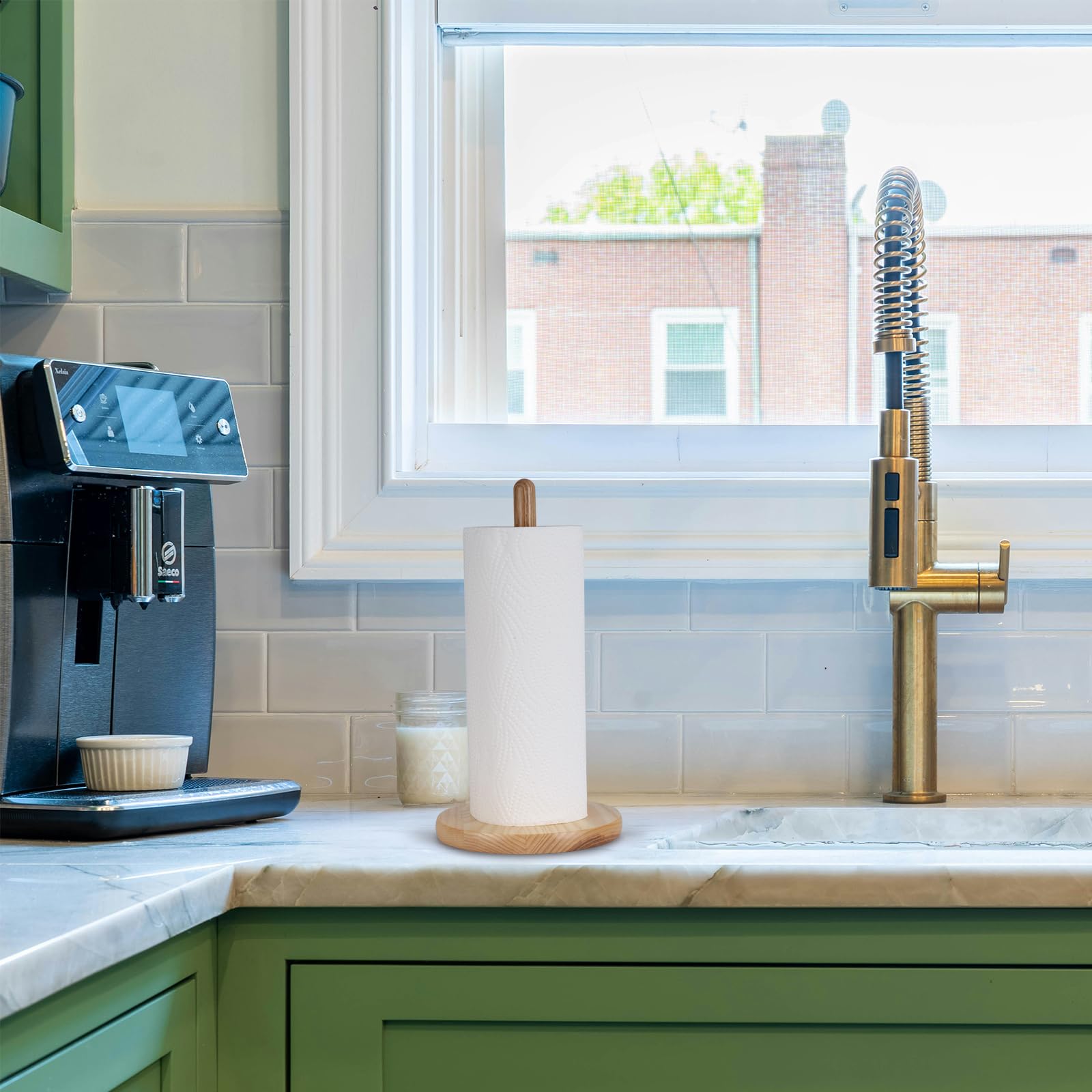 E-ROOM TREND Paper Towel Holder Bamboo Thicken Base Paper Towel Dispenser Kitchen Steady Bathroom Towel Roll Stand Organizer Wooden Paper Roll Holder for Countertop Table Cabinet(A074)