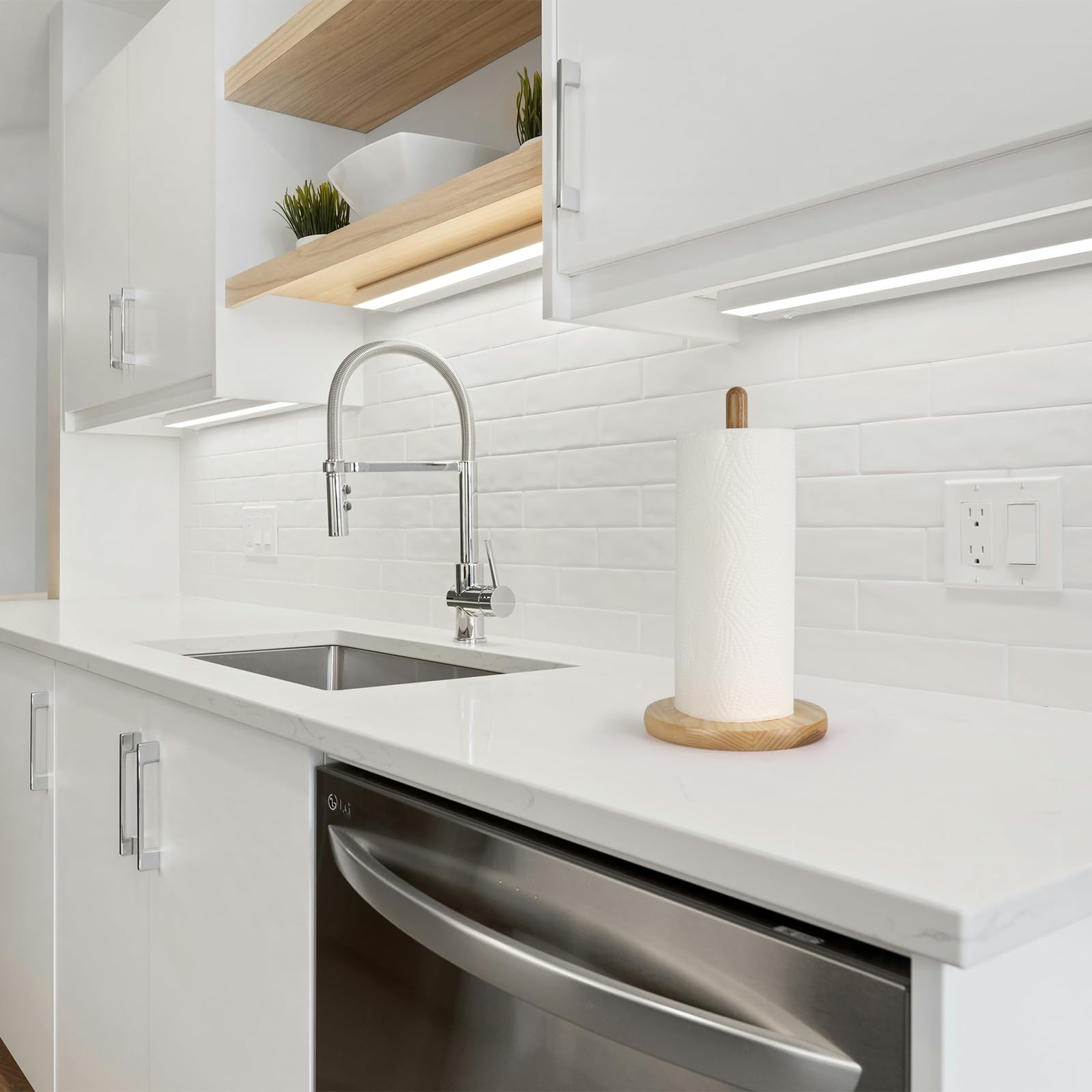 E-ROOM TREND Paper Towel Holder Bamboo Thicken Base Paper Towel Dispenser Kitchen Steady Bathroom Towel Roll Stand Organizer Wooden Paper Roll Holder for Countertop Table Cabinet(A074)
