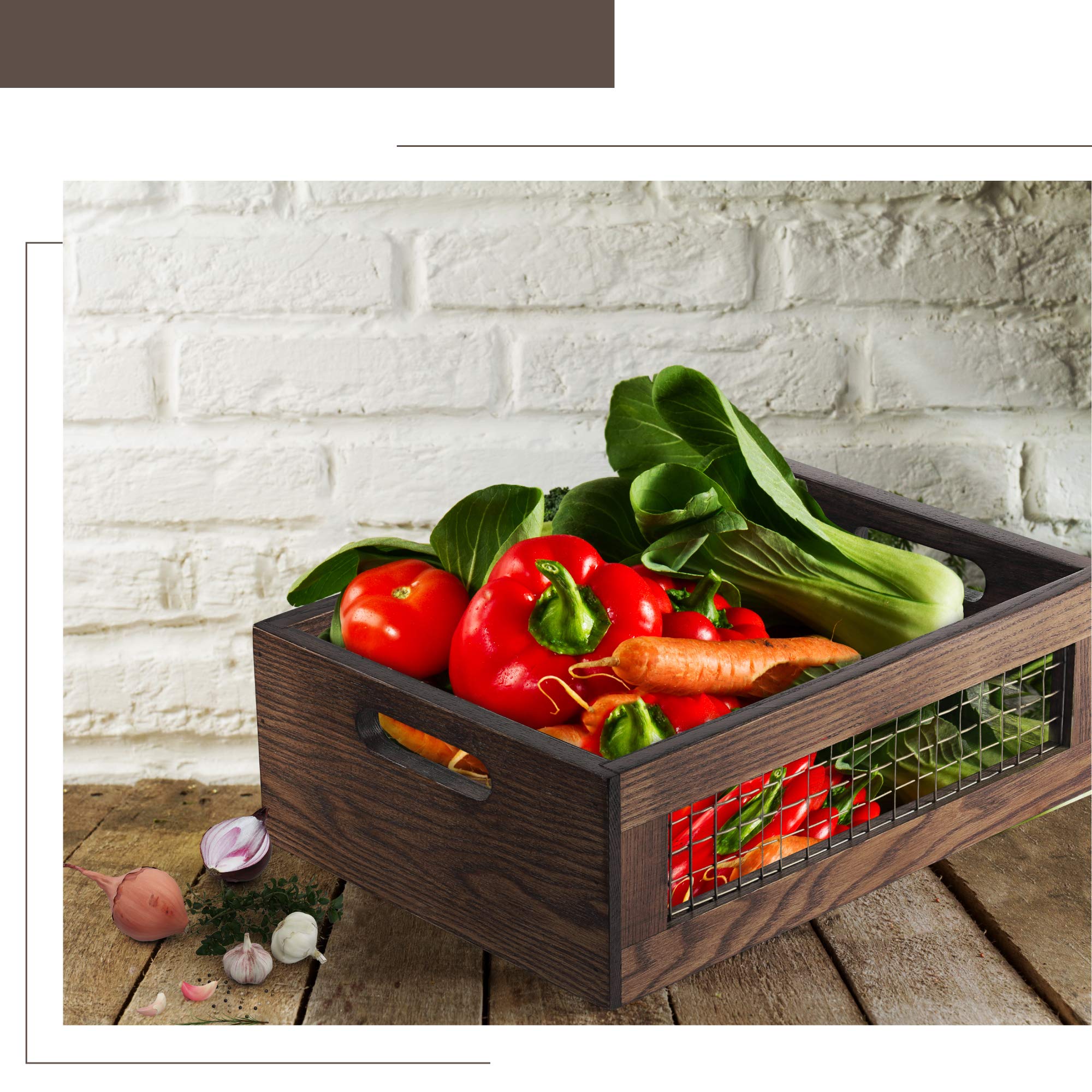 NAGAWOOD Wooden Nesting Countertop Baskets Set of 3 for Kitchen, Bathroom, Pantry|Wall Mount Upgrade with Full Accessories|Wooden storage organizer For Fruit, Vegetables, Produce, Bread|Wooden Crate with handles|Decorative Walnut Wood and Metal Wire