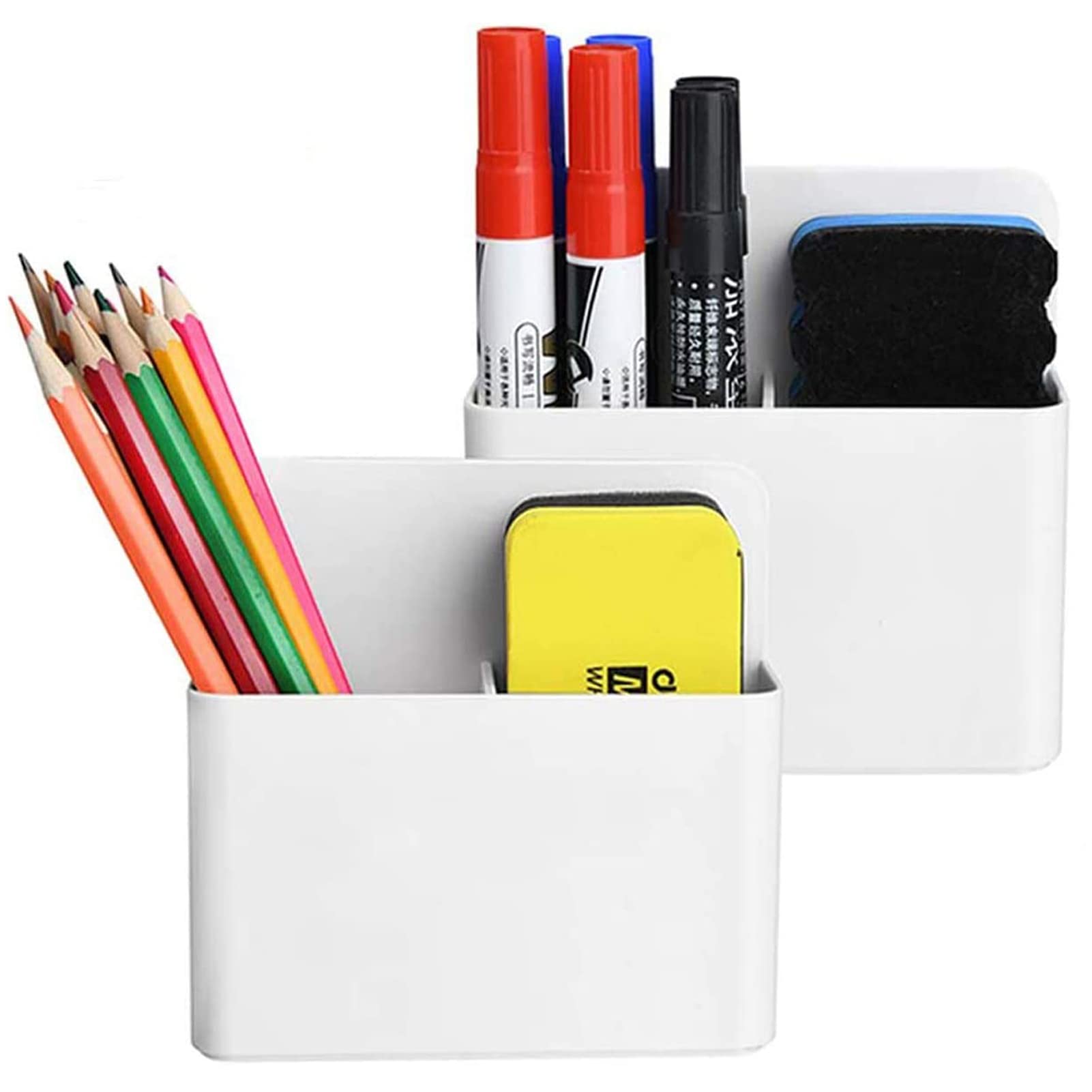 Magnetic Dry Erase Marker Holder,Pen and Eraser Holder for Whiteboard,Magnet Pencil Cup Utility Storage Organizer for Office , Refrigerator, Locker and Metal Cabinets (2 Pack)