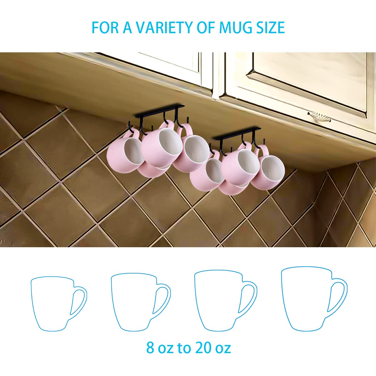 Fvstar 2pcs Mugs Holder Under Cabinet,Coffee Cups Hooks Under Shelf,Metal Mugs Drying Racks,Iron Mugs Hanging Organizer,Under Cabinet Hanger for Mugs,Kitchen Utensils,Black