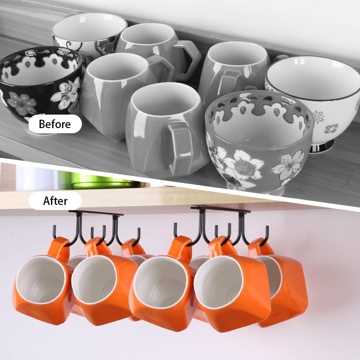 Fvstar 2pcs Mugs Holder Under Cabinet,Coffee Cups Hooks Under Shelf,Metal Mugs Drying Racks,Iron Mugs Hanging Organizer,Under Cabinet Hanger for Mugs,Kitchen Utensils,Black