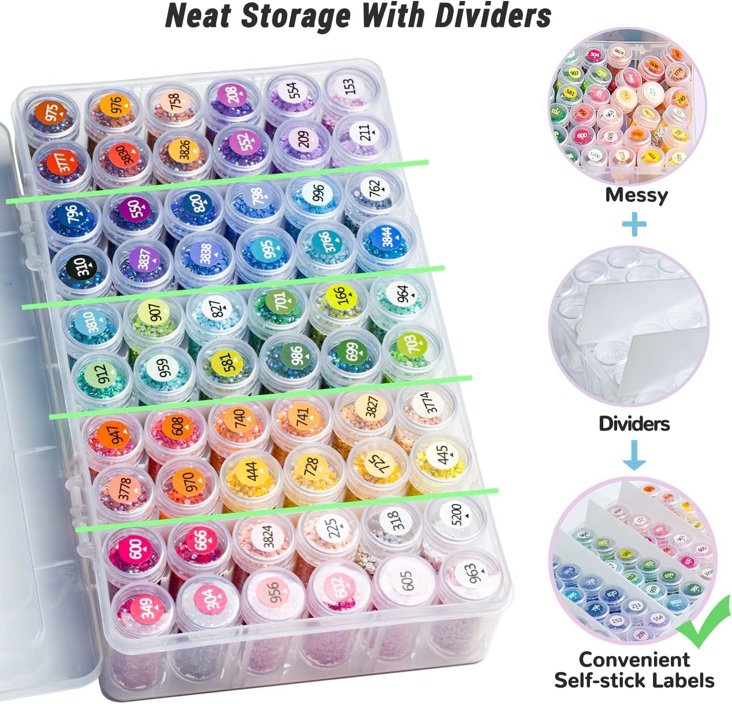 Diamond Painting Storage Containers, 2 Packs 60 Jars Bead Organizer and Diamond Painting Labels, Bead Organizers and Storage for Diamond Painting Accessories, Diamond Art Storage, Diamond Dots Storage