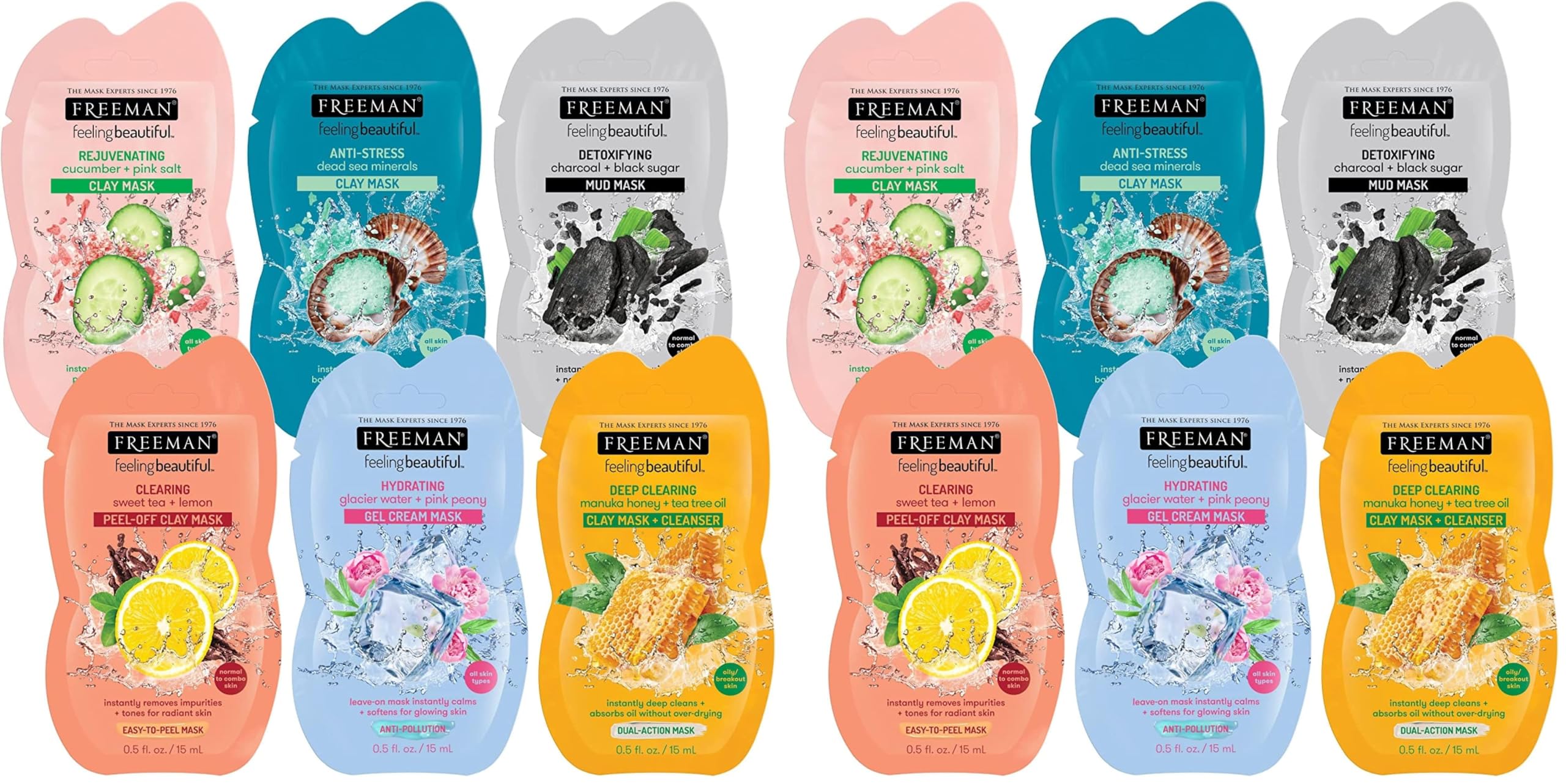 FREEMAN Facial Mask Variety Pack: Oil Absorbing and Anti Stress Clay, Detoxifying Charcoal Mud, Clearing Peel Off, Hydrating Gel Cream Beauty Face Masks, 6 count