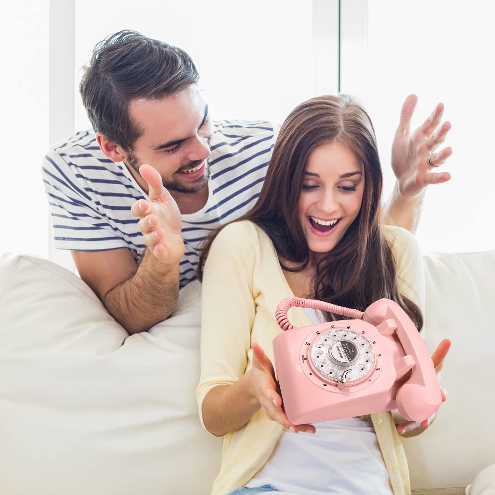GloDeals 1960's Style Pink Retro Rotary Phone Old Fashioned Dial Retro Landline Phones for Home Decor Collector Gifts