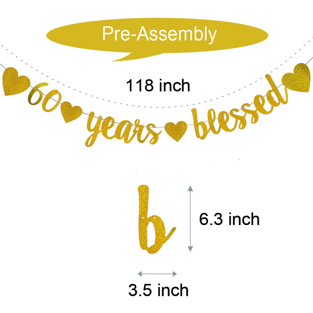 WEIANDBO 60 Years Blessed Gold Glitter Banner,Pre-Strung,60th Birthday / Wedding Anniversary Party Decorations Bunting Sign Backdrops,60 Years Blessed