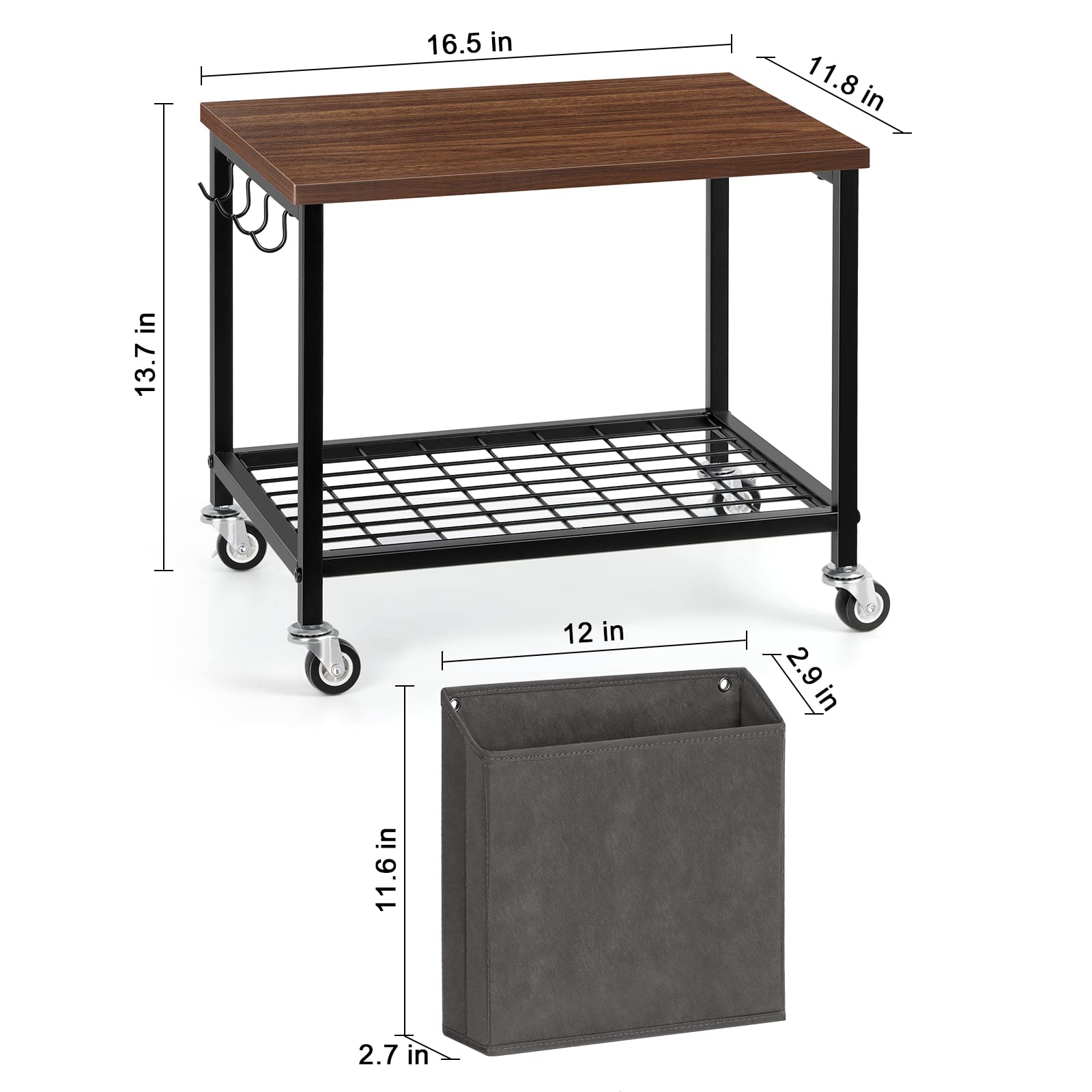 ETELI Printer Stand 2 Tier Small Mobile Printer Table Cart with Storage Bag and Wheels Wood Desktop Rolling Printer Cart with Metal Hooks for Home Office Fax Machine Scanner, Brown