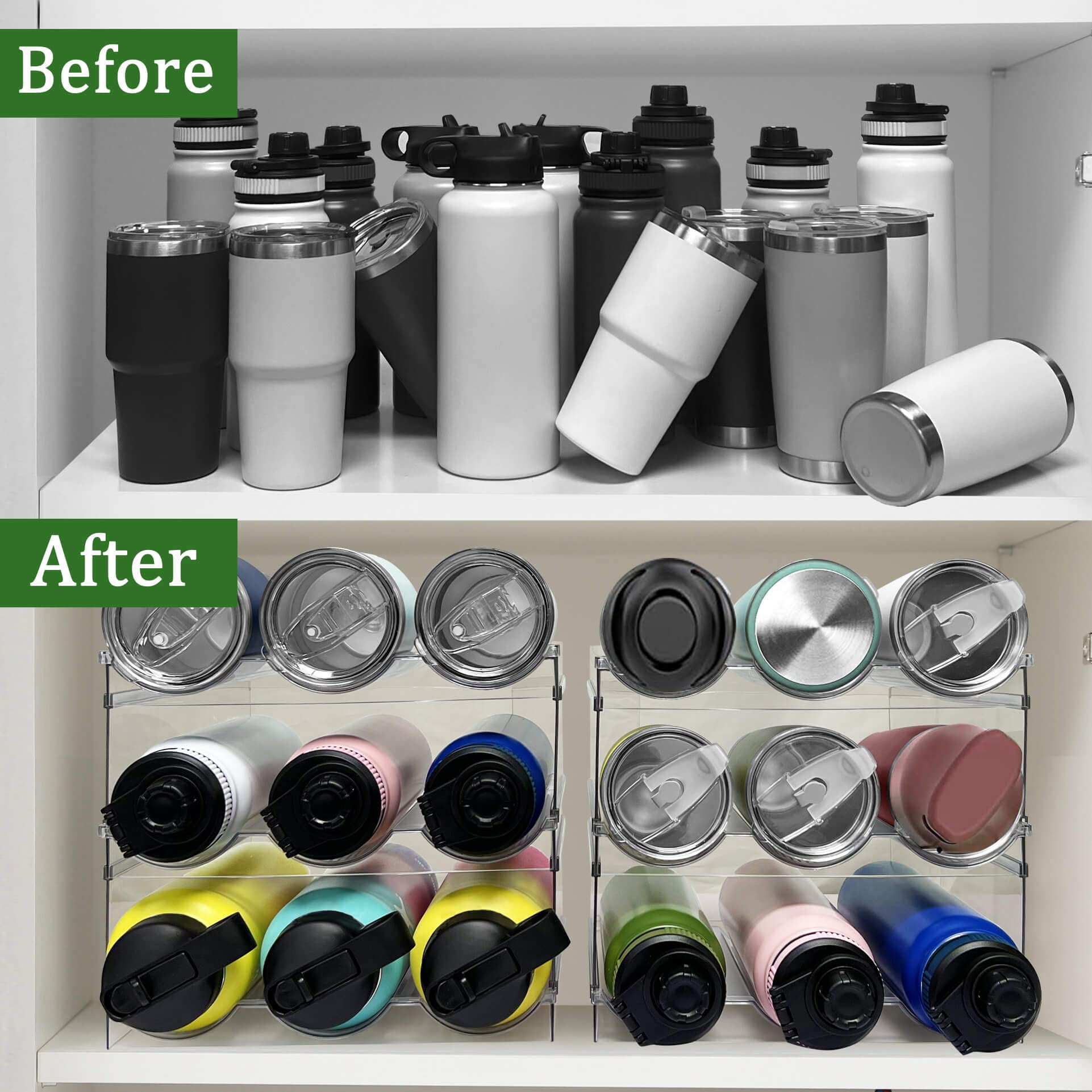 Spaclear Water Bottle Organizer, Stackable Kitchen Pantry Organization and Storage Shelf, Plastic Water Bottle Holder for Fridge Kitchen Cabinet Organizer and Storage, Tumbler Travel Mug Cup Organizer