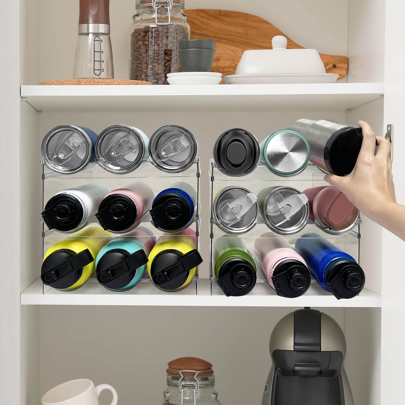 Spaclear Water Bottle Organizer, Stackable Kitchen Pantry Organization and Storage Shelf, Plastic Water Bottle Holder for Fridge Kitchen Cabinet Organizer and Storage, Tumbler Travel Mug Cup Organizer