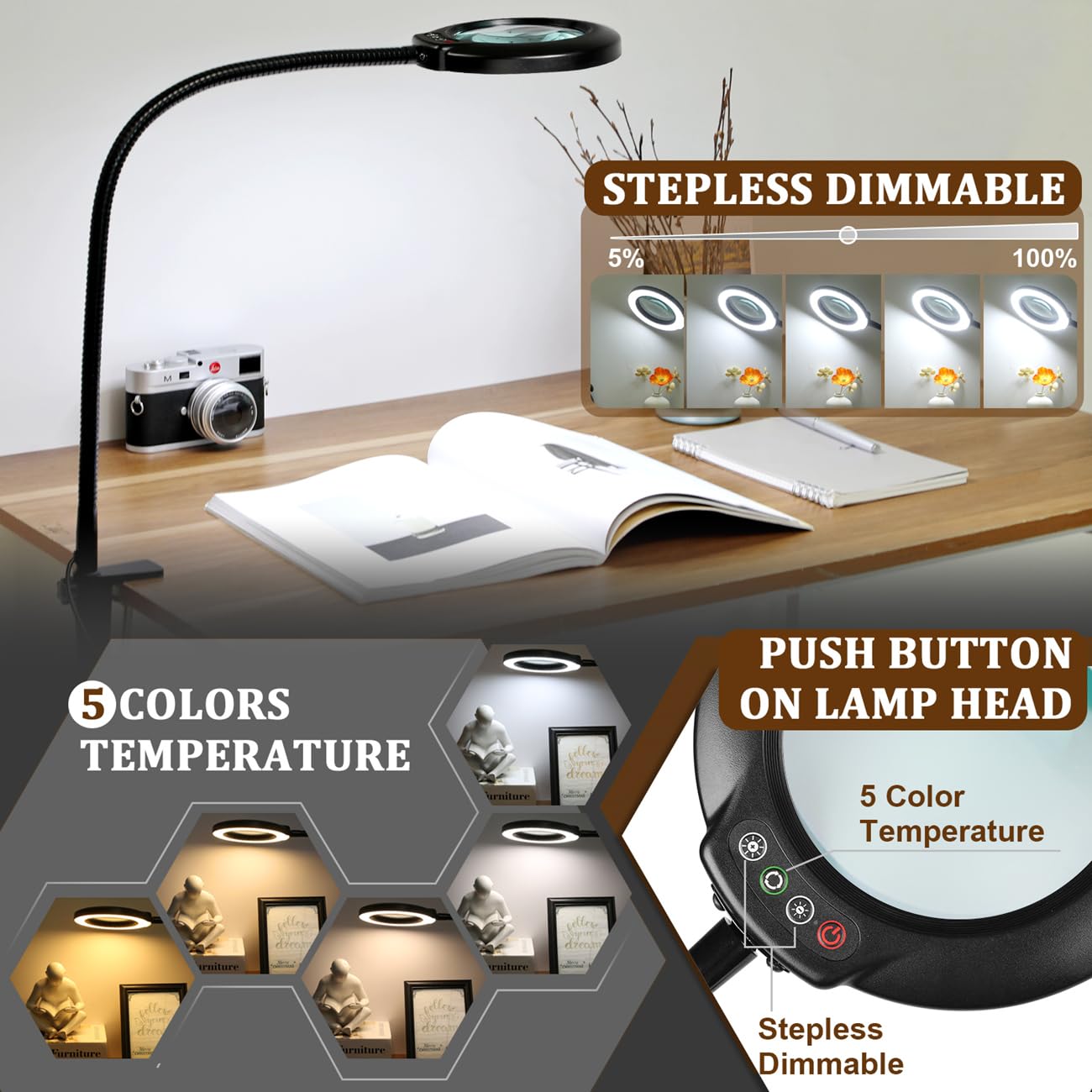 VEEMAGNI 23" Magnifying Glass with Light and Clamp, 5 Color Modes Stepless Dimmable LED Gooseneck Desk Lamp, 5X Real Glass Table Lighted Magnifier Hands Free for Craft Painting Close Work Hobby Sewing