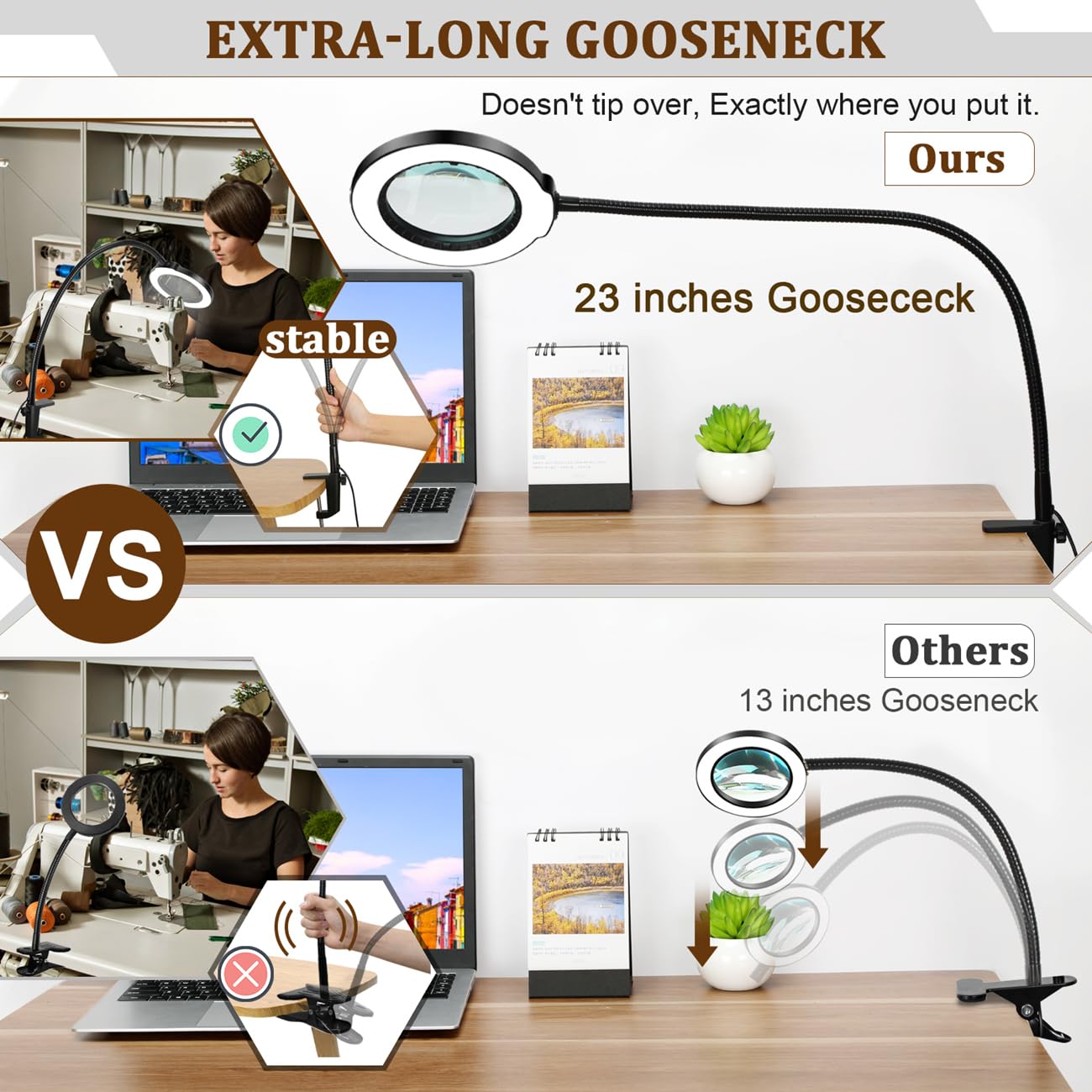VEEMAGNI 23" Magnifying Glass with Light and Clamp, 5 Color Modes Stepless Dimmable LED Gooseneck Desk Lamp, 5X Real Glass Table Lighted Magnifier Hands Free for Craft Painting Close Work Hobby Sewing