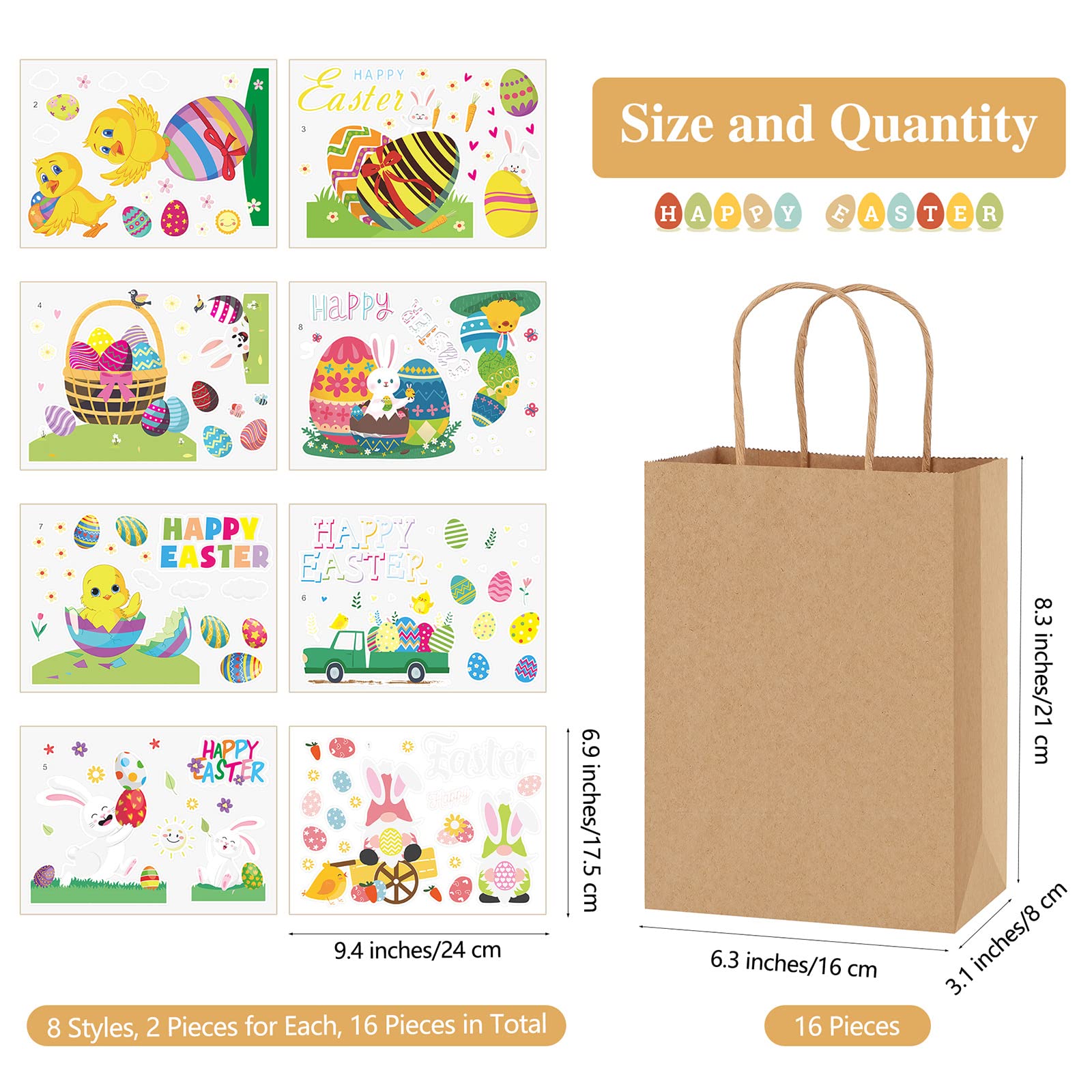 Aodaer 16 Pieces DIY Easter Kraft Paper Gift Bags with Handles Kraft Paper Treat Bags and 16 Sheets Cute DIY Stickers Bunny Chicks Easter Egg for Easter Decoration Party Favor Egg Hunt