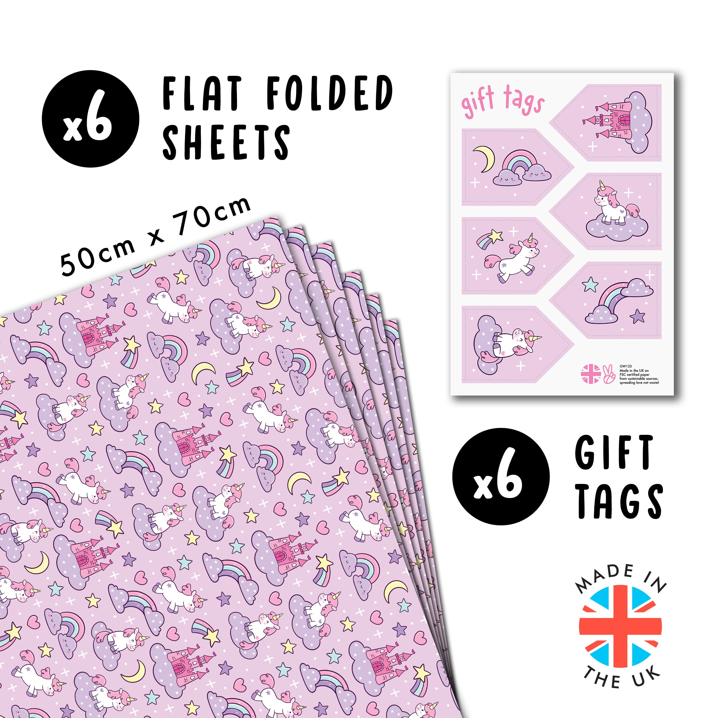 CENTRAL 23 Magical Wrapping Paper (x6) Sheets - Pink Unicorn Gift Wrap - Castles and Princesses - For Girls Kids New Baby - 1st 2nd 3rd