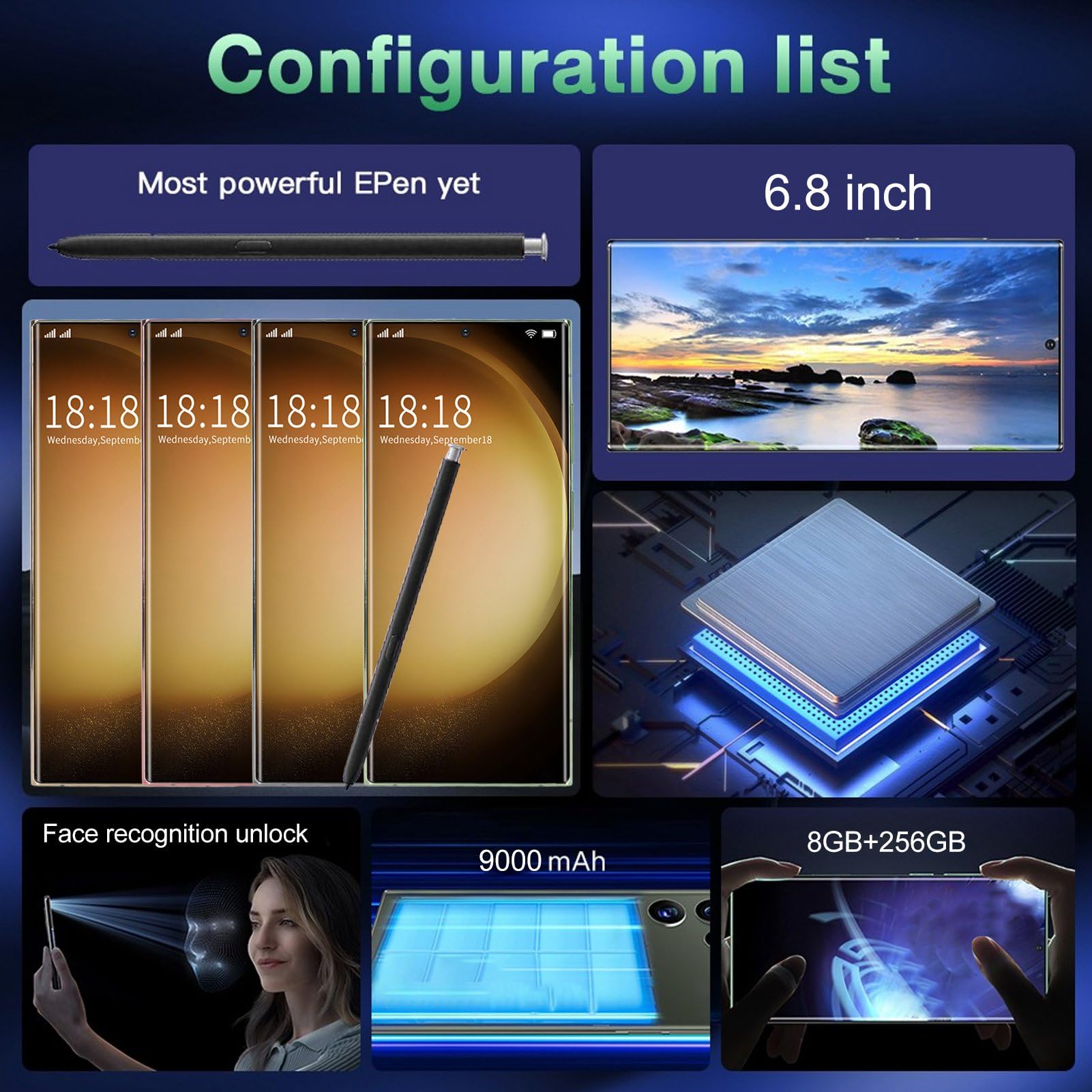 banapoy Unlocked Cell Phone, 6.8 HD Screen Unlocked Smartphone, 5G WiFi, 8GB RAM, 256GB ROM, Octa Core CPU, 24MP Camera, FM Radio, GPS, 2G 3G Dual SIM, Smart Mobile Phone for Android 13