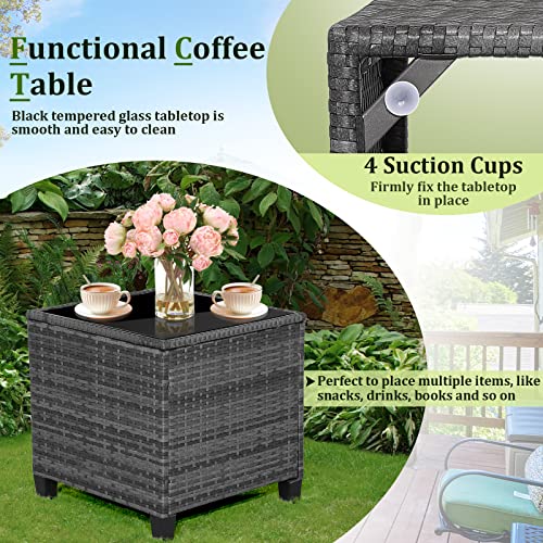 RELAX4LIFE Wicker Patio Furniture Sets - 3 Pieces Patio Rattan Sofa Set, Outdoor Conversation Set with Tempered Glass Tabletop, Heavy-Duty Steel Frame, Wicker Chair Set for Poolside, Backyard, Grey