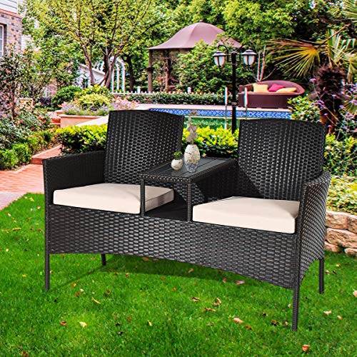 DORTALA Outdoor Patio Loveseat, Wicker Patio Conversation Set with Removable Cushions and Coffee Table, Plastic Table Top, Modern Rattan Loveseat Sofa Set for Garden Lawn Backyard (Brown+White)