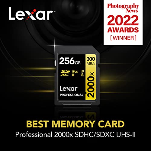 Lexar Professional 2000x 256GB SDXC UHS-II Memory Card, C10, U3, V90, Full-HD & 8K Video, Up To 300MB/s Read, for DSLR, Cinema-Quality Video Cameras (LSD2000256G-BNNNU)