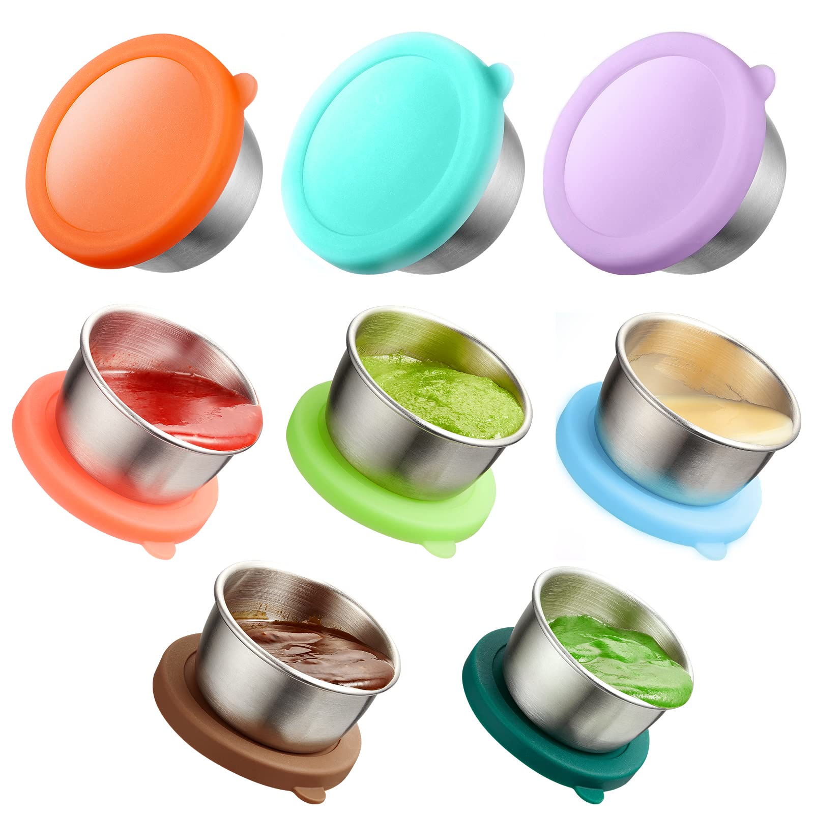 8 Pack Salad Dressing Container To Go, Gencywe 1.6oz Stainless Steel Condiment Cup, Condiment Containers with Lids, Reusable Small Containers with Silicone Lids, Leakproof Dipping Sauce Cups for Lunch