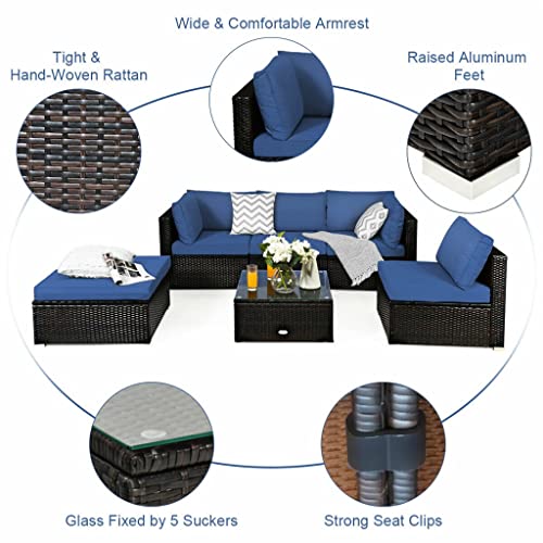 NICEDAYFY 6PCS Outdoor Patio Rattan Furniture Set Cushioned Sectional Sofa Navy for Your Garden, Balcony and Poolside