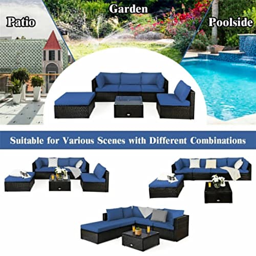NICEDAYFY 6PCS Outdoor Patio Rattan Furniture Set Cushioned Sectional Sofa Navy for Your Garden, Balcony and Poolside